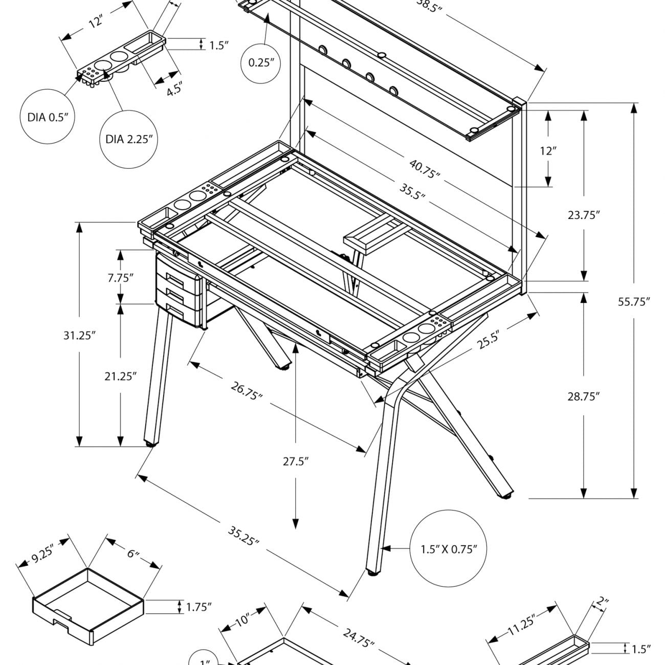 TABLE DE DESSIN - RÉGLABLE / MÉTAL GRIS / VERRE TREMPÉ #7034 ...